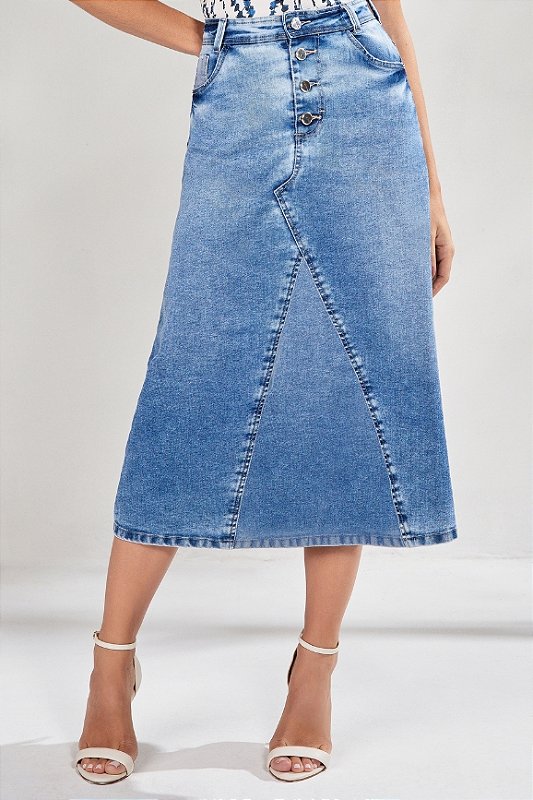 Saia Evasê Jeans com Recorte TITANIUM 85cm Estilo Casual - Closet ...