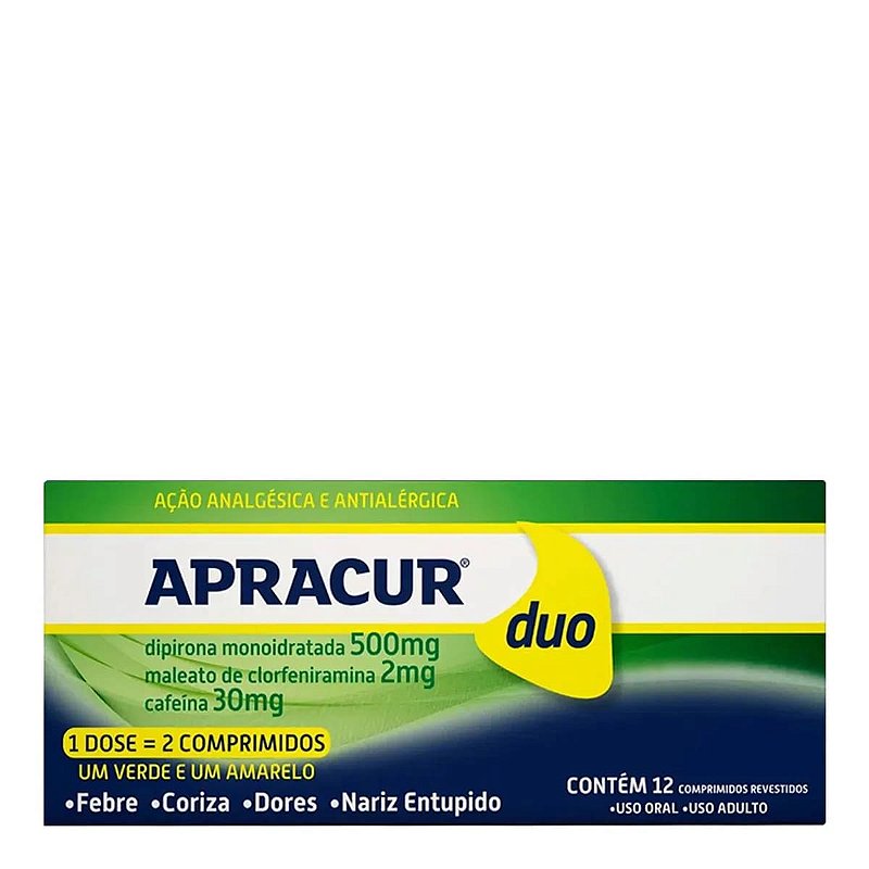 Antigripal, Analgésico e Antialérgico Apracur Duo 500mg + 2mg + 30mg 12 ...