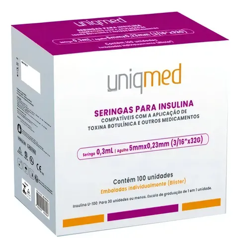 SERINGA INSULINA C/ AGULHA 0,3ML 5MM X 0,23MM 32G UNIQMED CX 100 UN ...