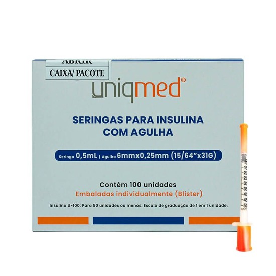SERINGA INSULINA C/ AGULHA 0,5ML 6MM X 0,25MM 31G UNIQMED CX 100 UN ...