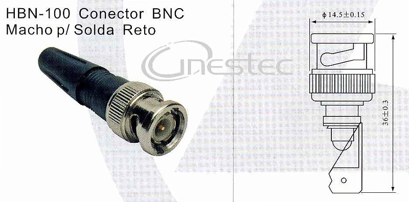 CONECTOR BNC MACHO HBN-100 PARA SOLDA CAPA PLASTICA 180 graus - CINESTEC