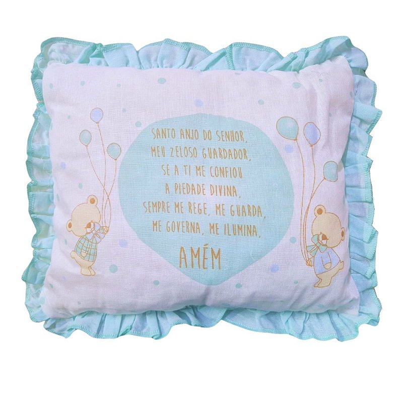 Travesseiro Bebê Com Oração e Babado Ursinho Verde Papi - Cia Bebê