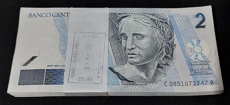 Lote 100 cédulas Nota 2 reais primeira familia FE - MoedaRara Numismática