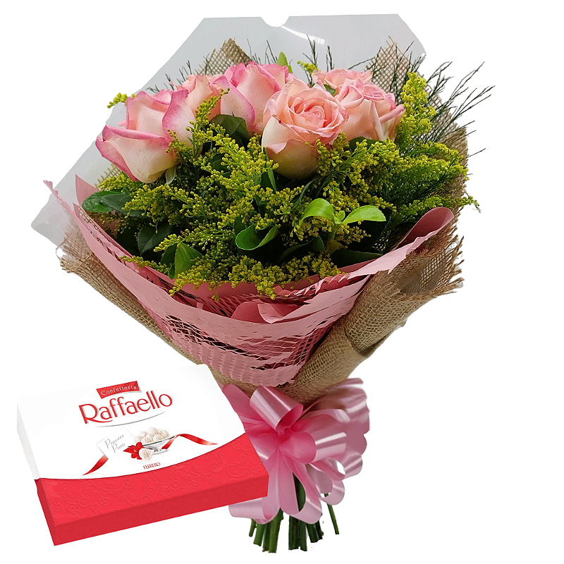Buquê Rustic de 6 Rosas Cor de Rosa com chocolate Raffello - Floricultura Mundo Planta - Mogi ...