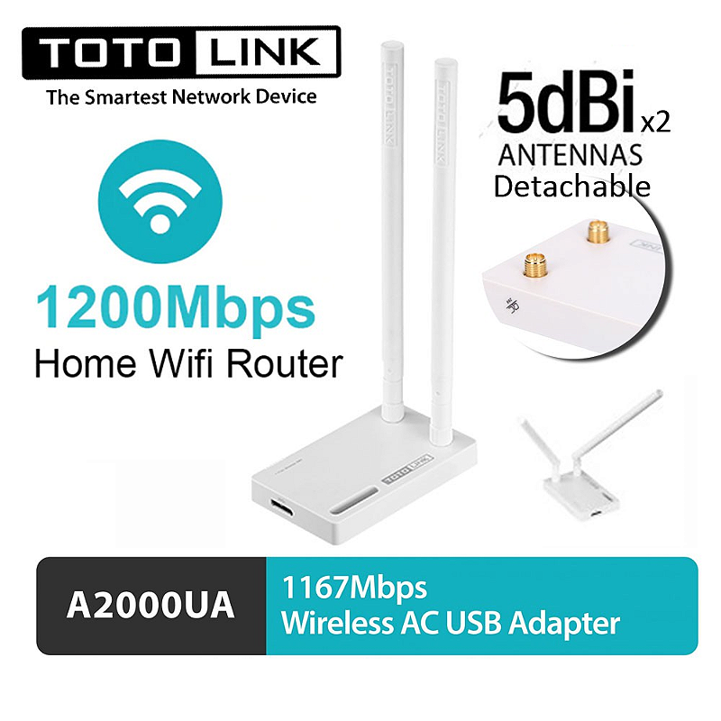 ADAPTADOR USB WIFI TOTOLINK A2000UA DUAL BAND -2.4GHZ E 5GHZ - 867MBPS ...