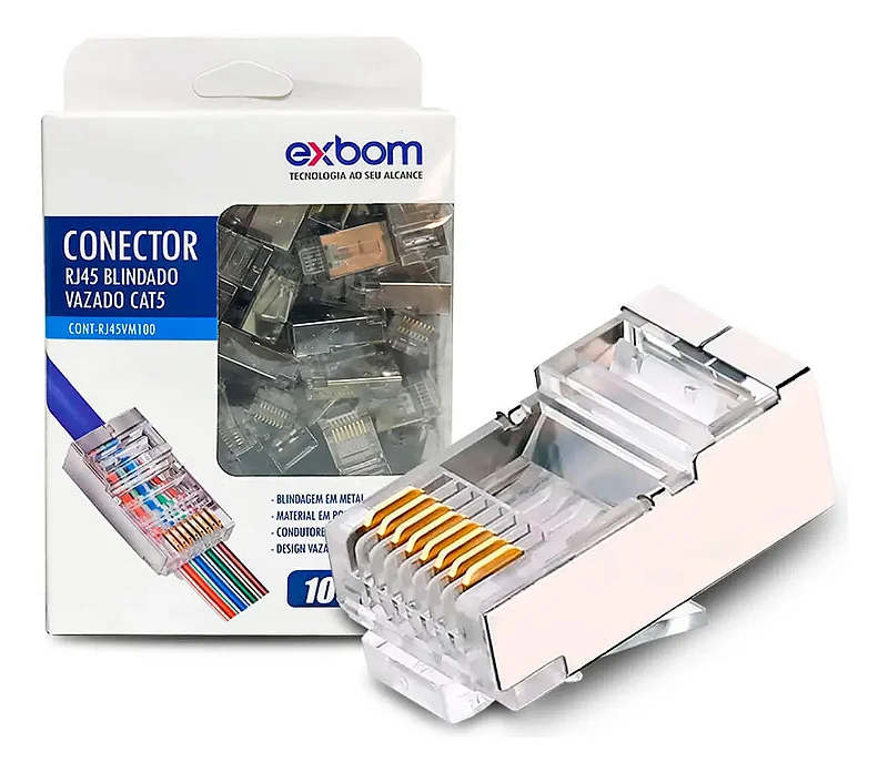 Conector RJ45 Cat5/Cat5e Blindado Banho Ouro 100 Unidades - Intervia ...