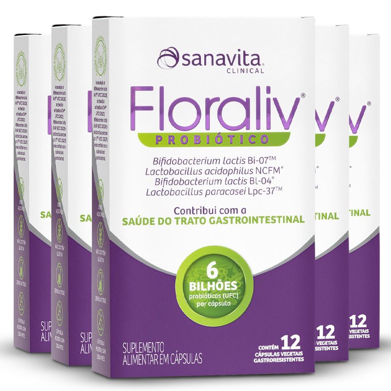 Kit 5 Floraliv Probiótico Sanavita 12 cápsulas vegetais - Edin