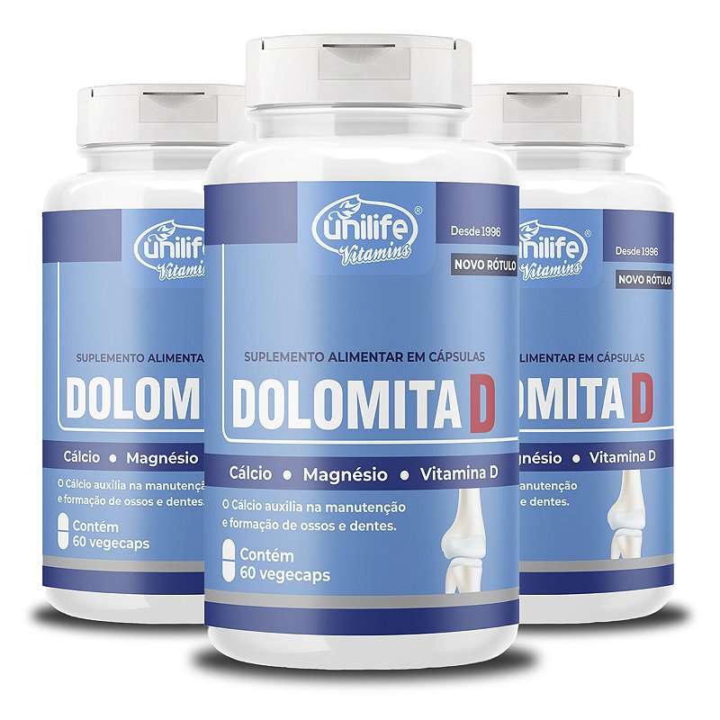 Kit 3 Dolomita com Vitamina D 60 cápsulas Unilife - Edin