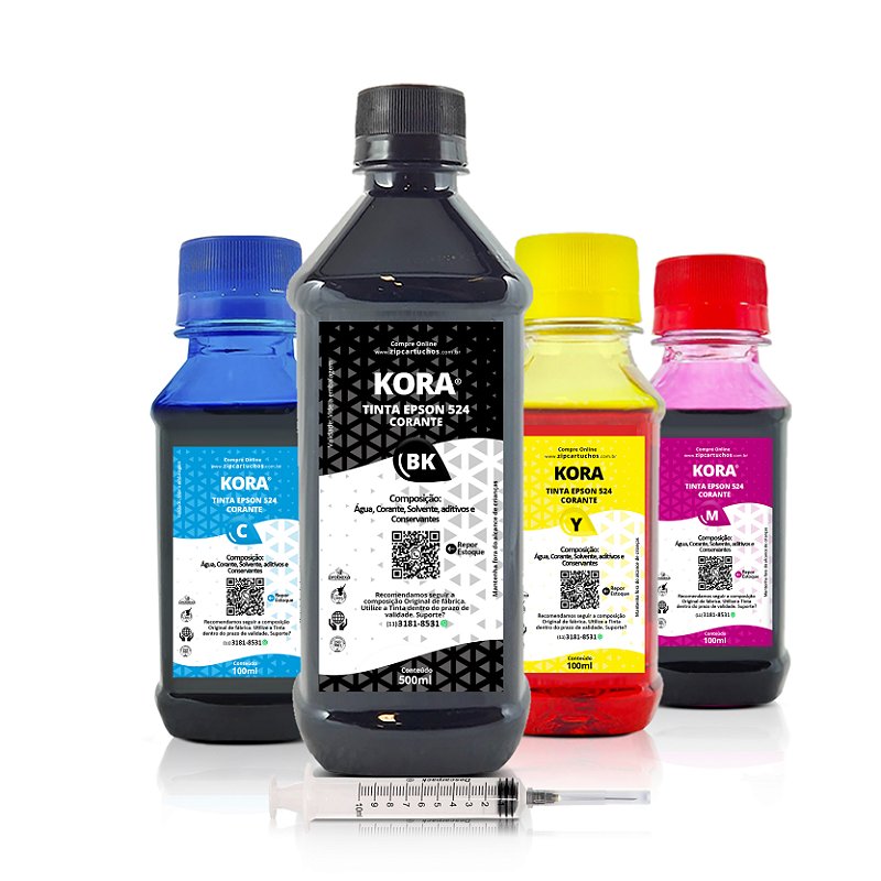 Tinta Epson 524 Preta 500ml + Cores 100ml Corantes - Zip Cartuchos