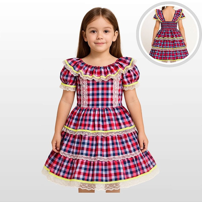 Vestido de Festa Junino Infantil Xadrez Pink Com Renda - KATITUS ...