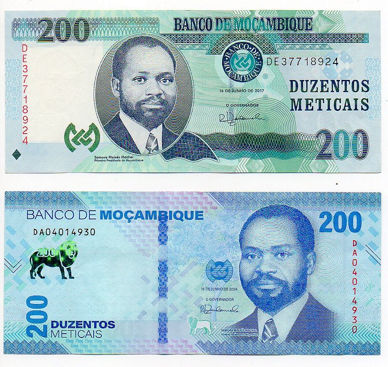 2 Cédulas de Moçambique de 200 Meticais - antiga e atual MBC E S ...
