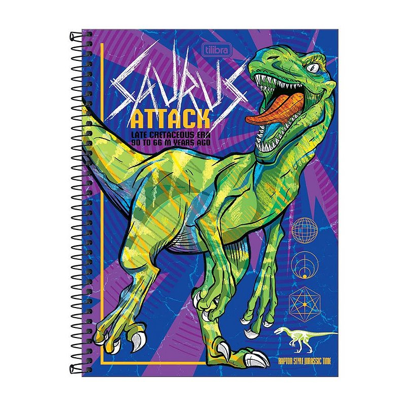 Caderno Raptor Saurus Attack - 80 Folhas - Tilibra - Casa Joka