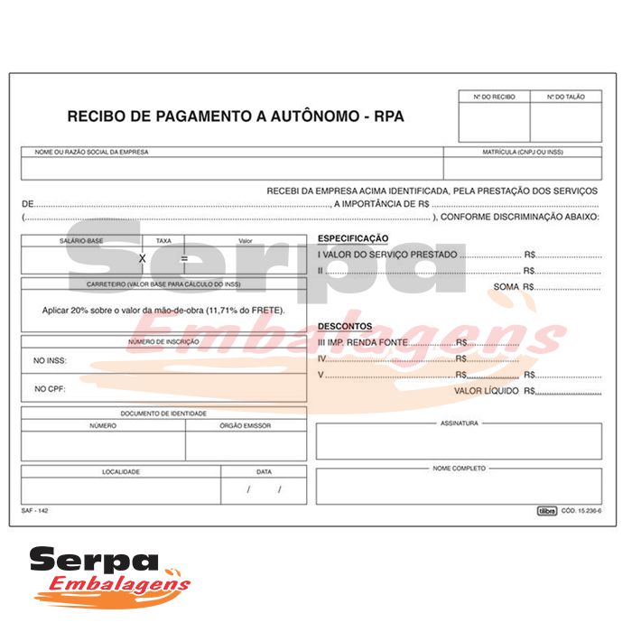 Serpa - Recibo de Pagamento a Autônomo RPA - 3 vias - Serpa Embalagens ...