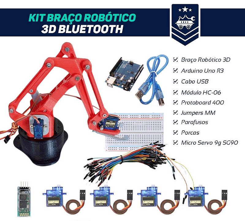 Kit Arduino Braço Robótico 3D Bluetooth Arduino - Eletrônica Ômega