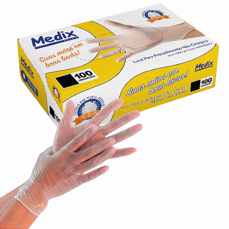 Luva de Vinil Descartável Sem Pó Medix - Caixa Com 100 Unidades ...