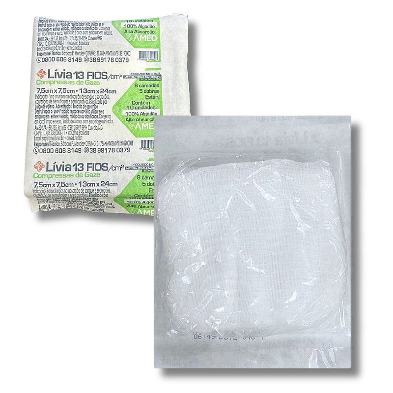 Compressa de Gaze Estéril 13 Fios Lívia 7,5cm x 7,5cm – Amed - RareMed ...