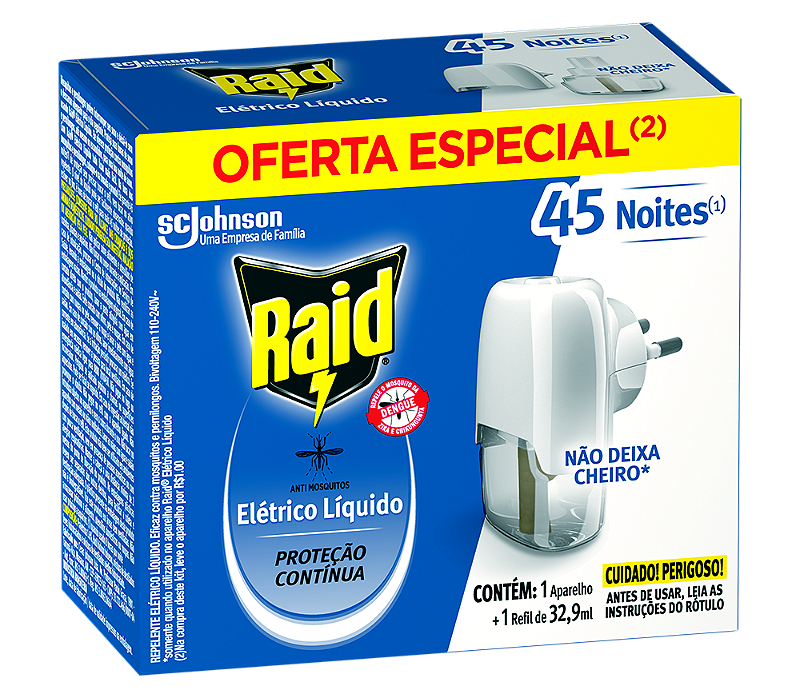 RAID ELÉTRICO LÍQUIDO 45 NOITES APARELHO + REFIL 32,9ML - Papelaria Zap ...