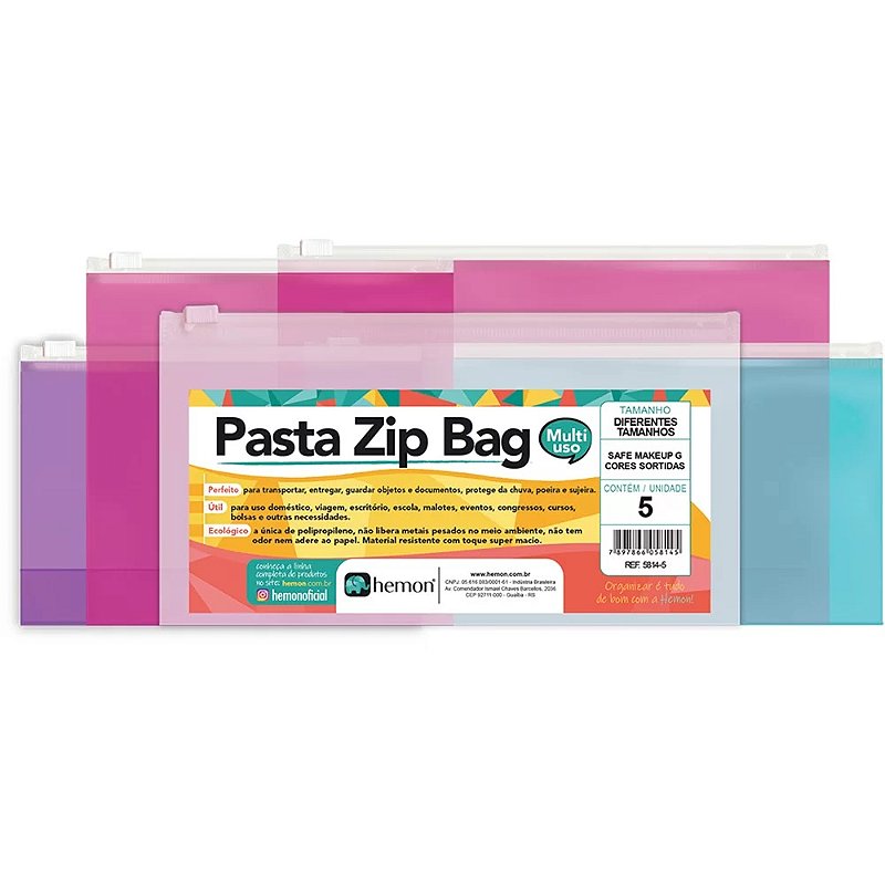 PASTA ZIP BAG DIFERENTES TAMANHOS CORES SORTIDAS C/5 UNIDADES - CHIES ...