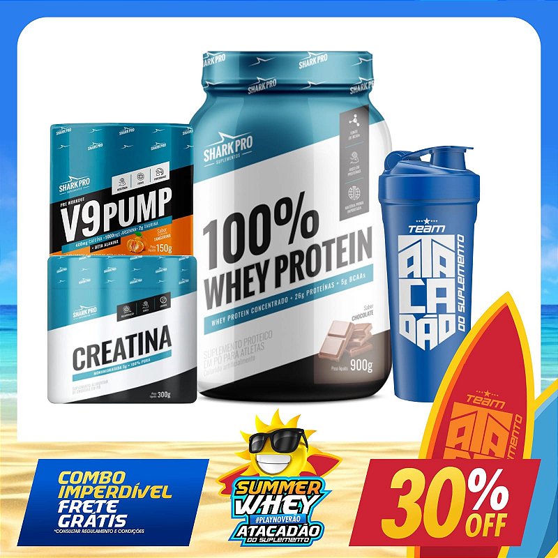 COMBO SHARK PRO: WHEY 100% 900G+CREATINA 300G+V9 PUMP150G+BRINDE - AT SUPLEMENTOS