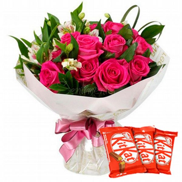 Luxuoso Buquê de Rosas Pink com Astro melias e Kit Kat 03 Unidades ...