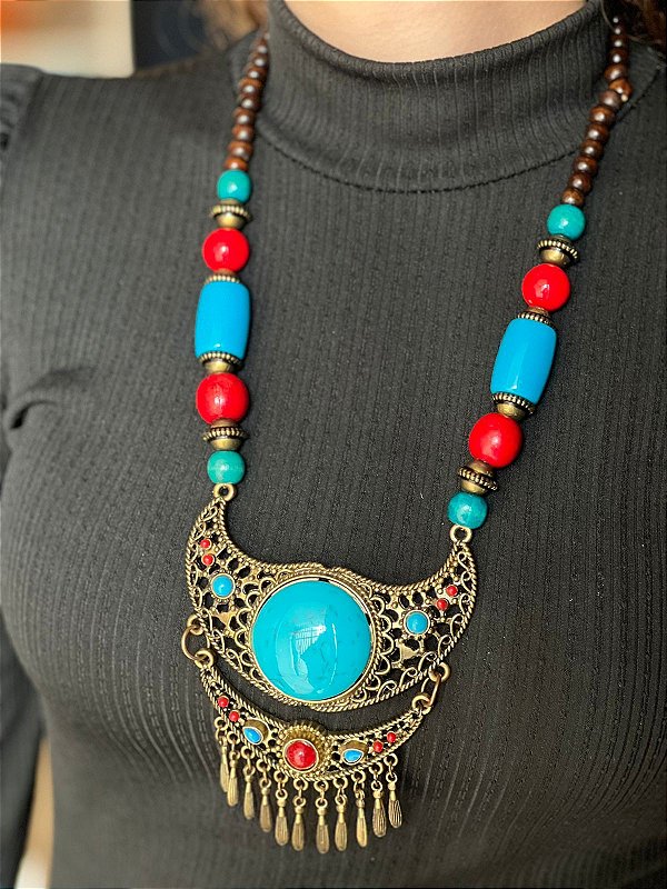 Colar Comprido - Metal e Resina - Azul e Vermelho - Marrocos For You ...