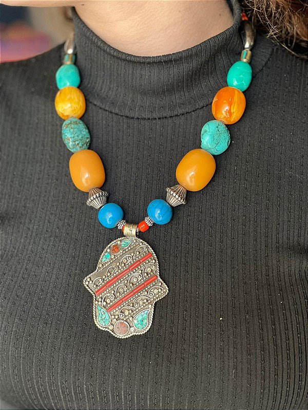 Colar - Resina e Metal - Laranja e Turquesa - Marrocos For You ...