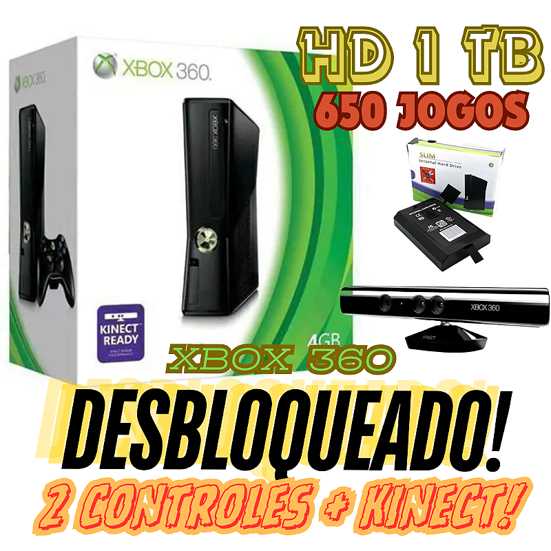 Xbox 360 Desbloqueado 2 Controles Kinect com HD 1 TeraByte de 650 jogos Games Voce Compra Venda Troca e Assistencia de games em geral