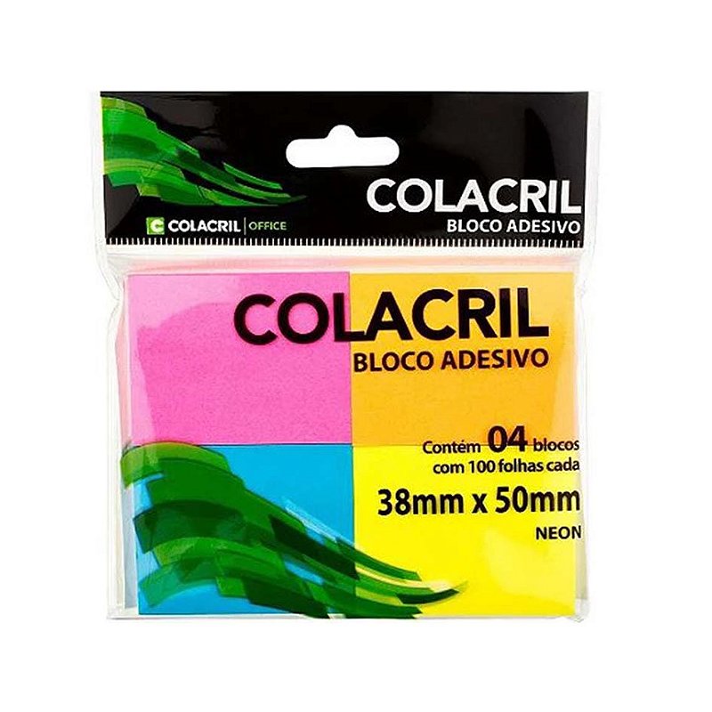 Colacril Bloco Adesivo Reposicionável 4 Cores Neon 38x50mm 4pcs 100 fls ...