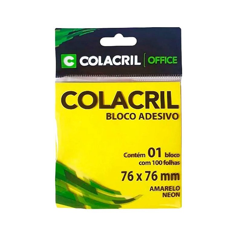 Colacril Bloco Adesivo Reposicionável Amarelo Neon 76x76mm 100 fls ...