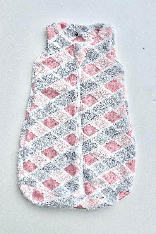 Saco de Dormir Bebê em Fleece Xadrez Rosa e Cinza - Roupa de Bebê do Tamanho RN ao 3