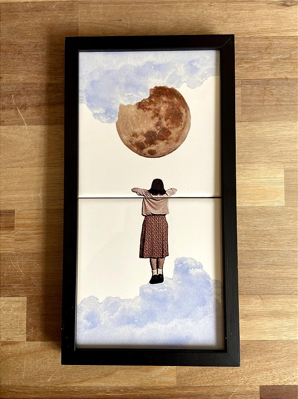 Painel de 2 azulejos vejo a lua moldura preta - arte no branco