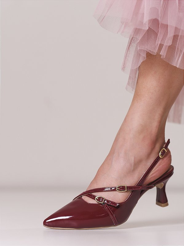 Scarpin Burgundy Verniz Salto Taça Slingback - Salook Calçados