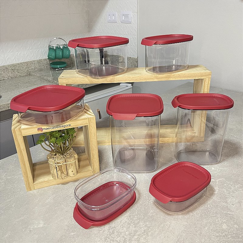 Tupperware Kit 7 Ultra Clear Transparente e Tampa Vermelha - Mãe, Casei ...