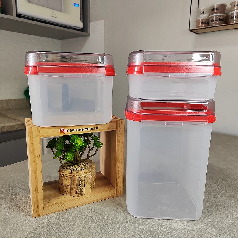 Tupperware Kit 3 Peças Modular Quadrado Plus Translúcido e Vermelho ...