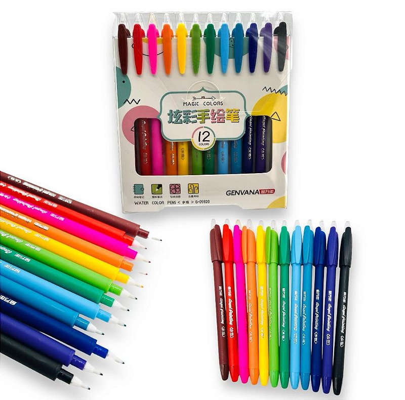 CANETA 12 CORES GENVANA - PONTA TIPO PENTEL - CANETAS ATACADO