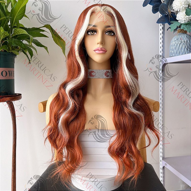 LACE FRONT KAMILLA RUIVA COM MECHAS PLATINADA - Perucas Martinez
