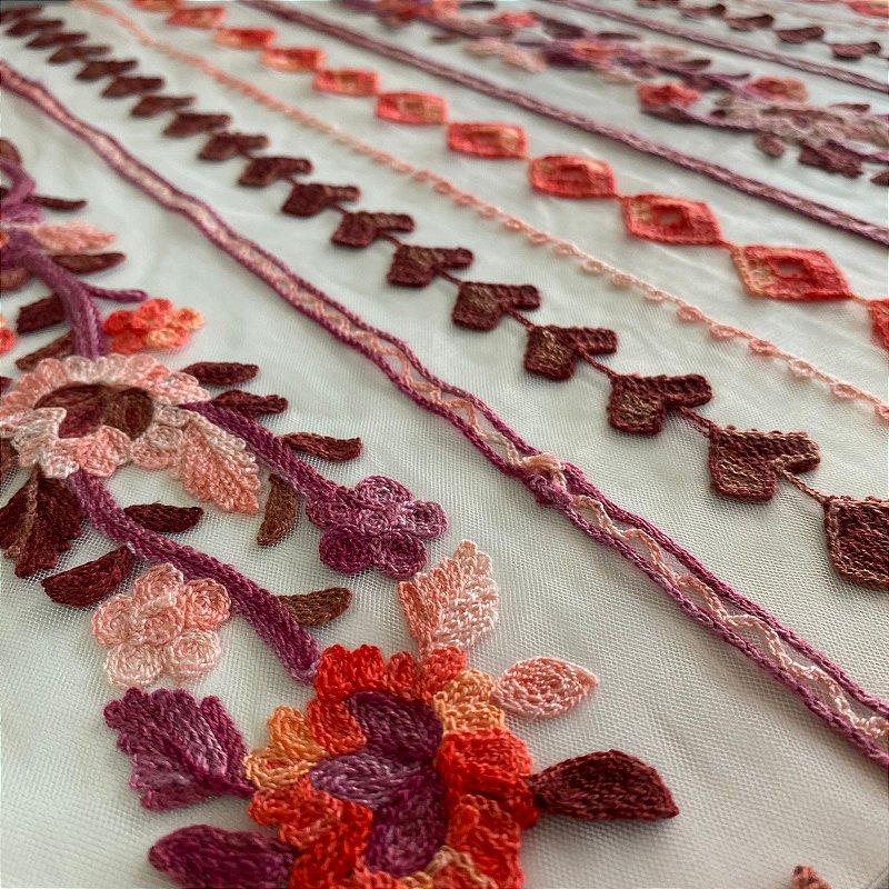 Tule Bordado Étnico 1,35x1,00m Pimavera Summer Marrom e Laranja ...