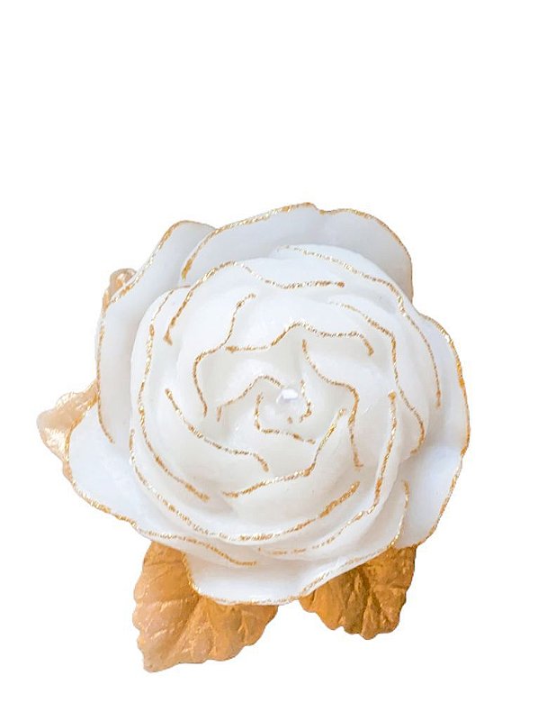 Vela em formato de rosa com folha e filete de ouro - Raffaello ...