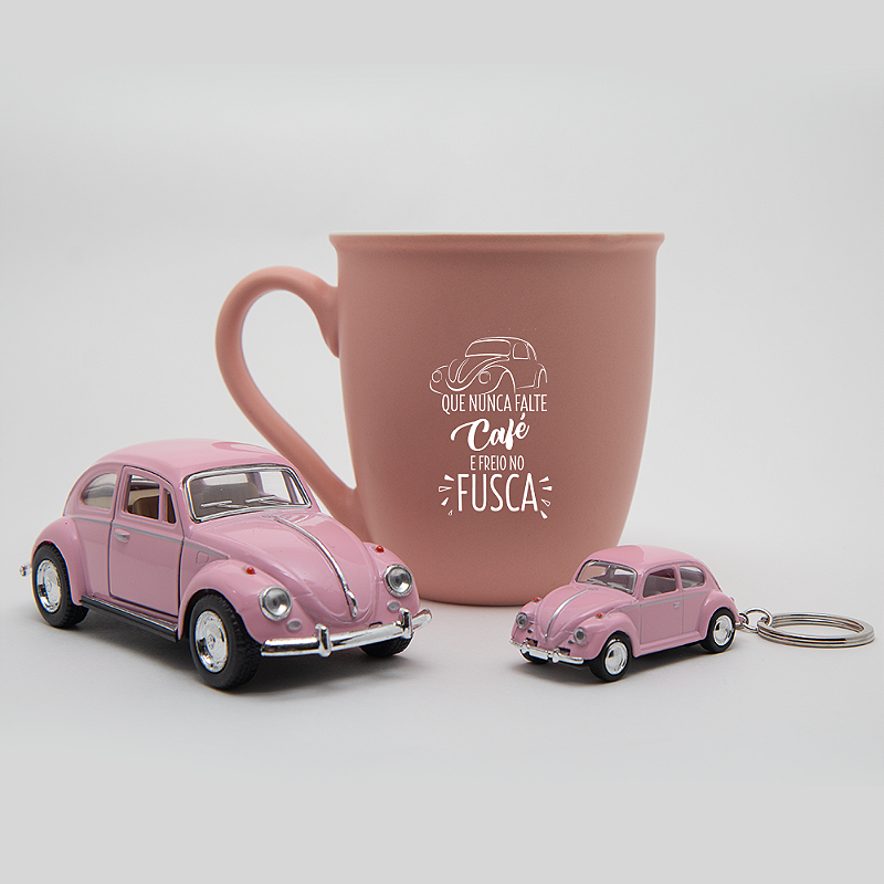 Kit Fusca Rosa - Caneca, Miniatura e Chaveiro - Garagem das Antigas