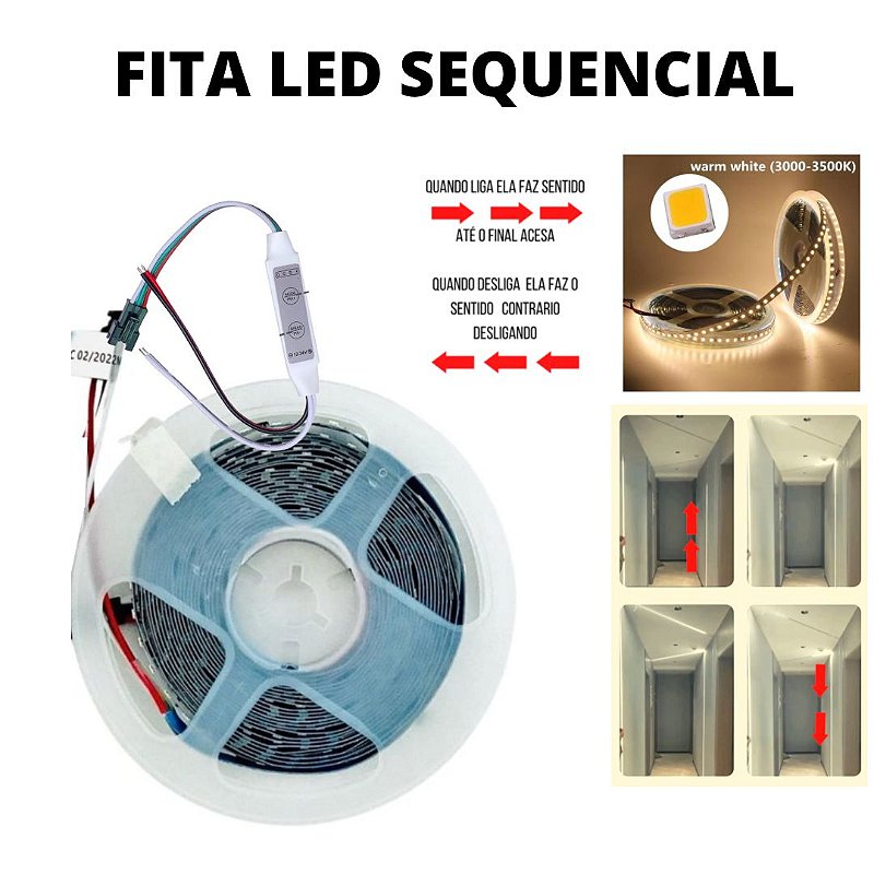 Fita LED 3528 120 LED’s 10 Metros Sequencial 24V Branco Quente 3000K ...