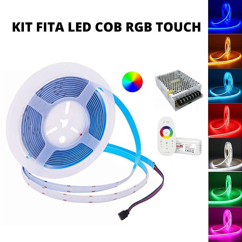KIT Fita LED COB RGB 18W/ Metro 810 LED IP20 12V 5 Metros Touch + Fonte ...
