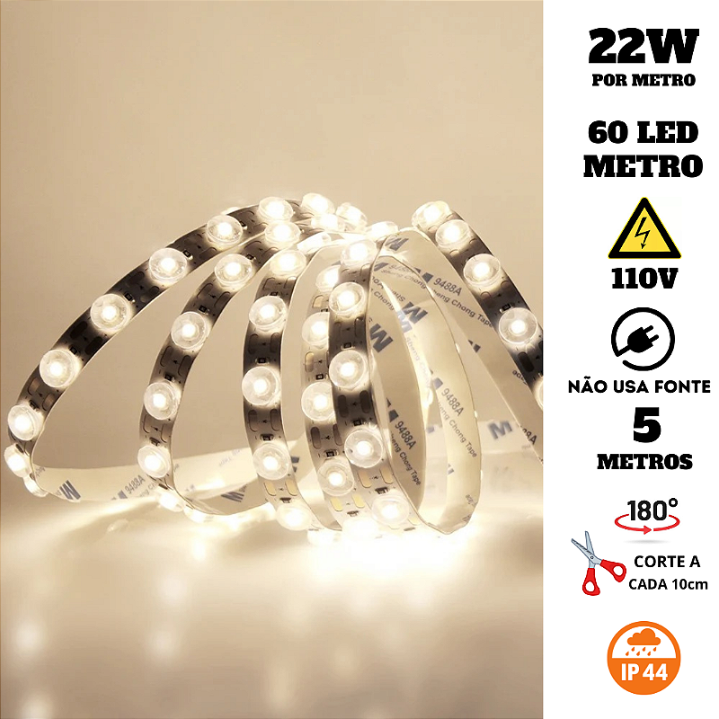 Fita LED Lente 180° 60 LED’s 110V 5 Metros IP44 22W 4000K Liga Direto ...