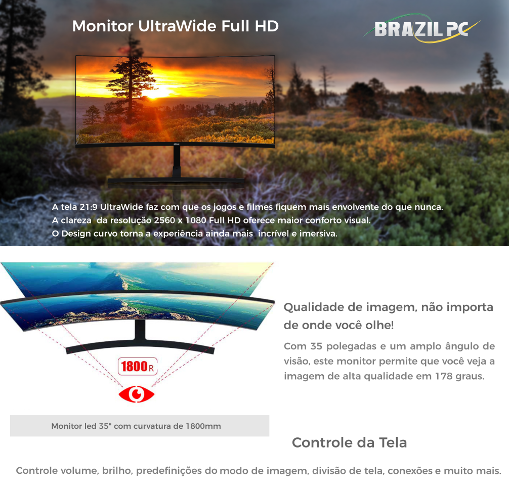 MONITOR LED 35" ULTRAWIDE CURVO 35BP3503HXC PRETO FULL HD - Brazil PC